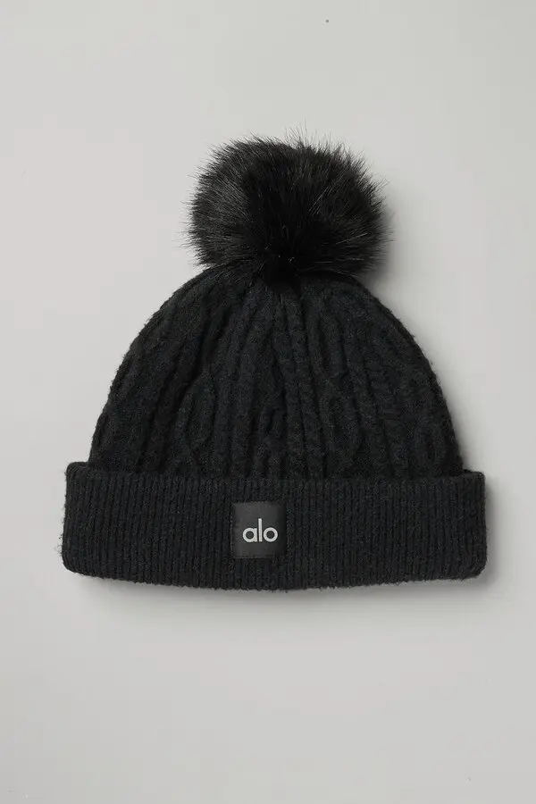 Alo Yoga Cable Knit Beanie With Faux Fur Pom - Black