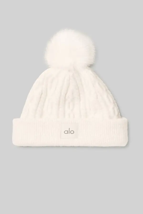 Alo Yoga Cable Knit Beanie With Faux Fur Pom - Ivory