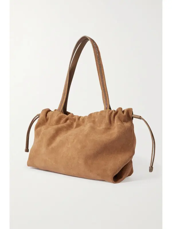Brunello Cucinelli Leather-trimmed Bead-embellished Suede Tote