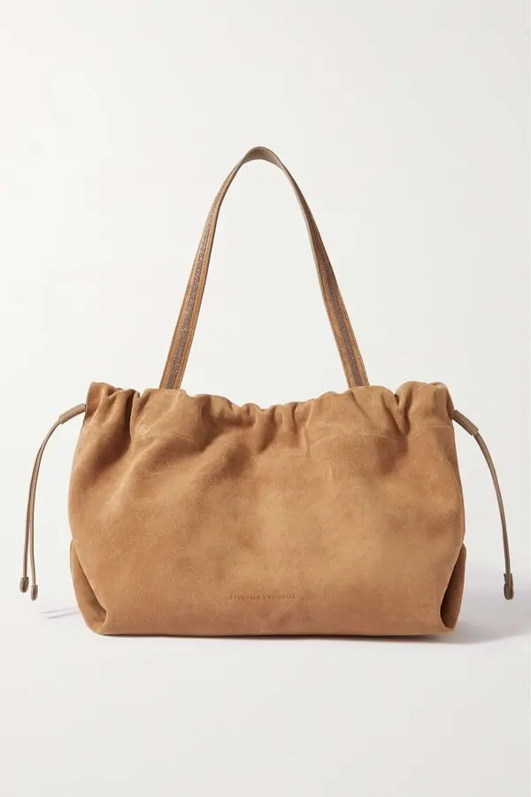 Brunello Cucinelli Leather-trimmed Bead-embellished Suede Tote