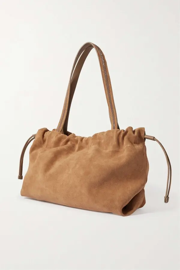 Brunello Cucinelli Leather-trimmed Bead-embellished Suede Tote