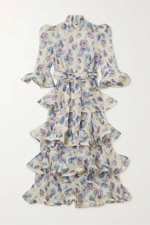 Zimmermann Tama Belted Ruffled Tiered Linen And Silk-Blend Midi Dress -  Blue | Editorialist