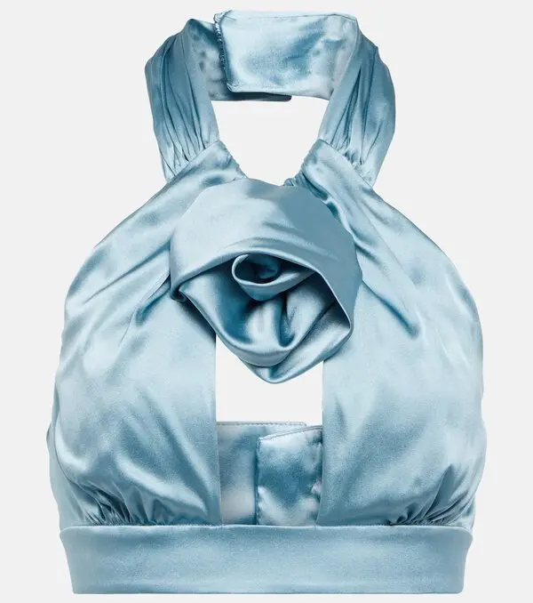 Alessandra Rich Ruched Satin Crop Top - Blue