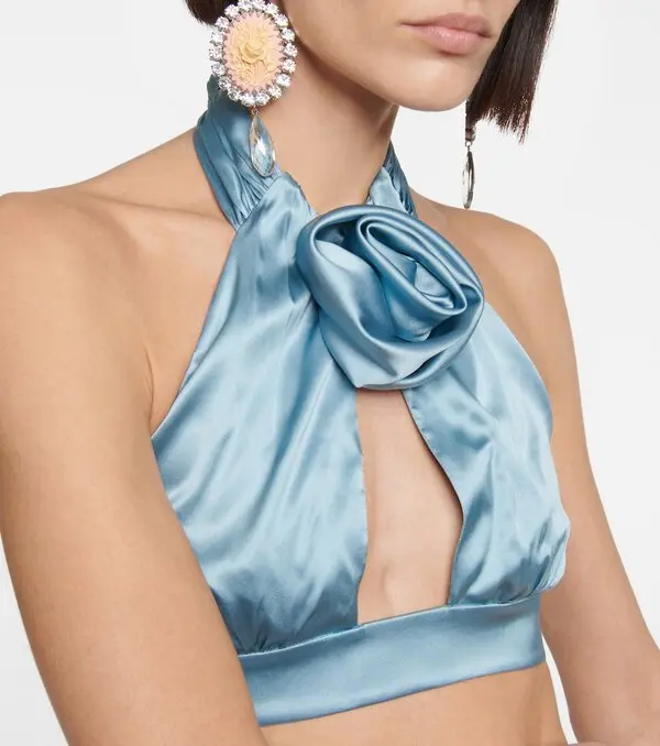 Alessandra Rich Ruched Satin Crop Top - Blue