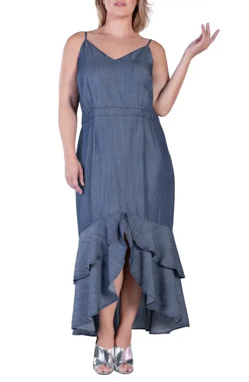 STANDARDS & PRACTICES Tiered Ruffle Chambray Maxi Dress - Indigo Rinse