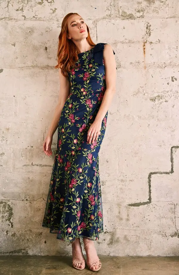 Js Collections Isabella Embroidered Floral Gown - Navy Multi | Editorialist