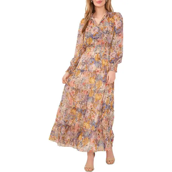 Chaus Floral Metallic Smocked Waist Tiered Midi Dress - Ivory/multi