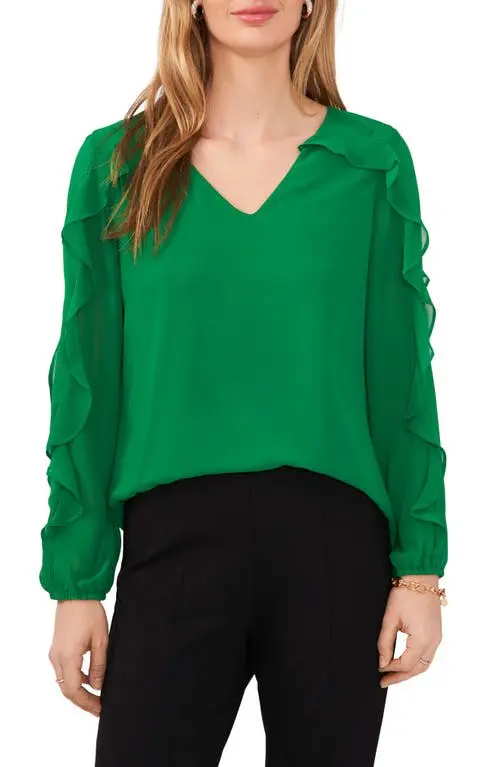 Chaus Ruffle Sleeve V-neck Blouse - Lush Green 334