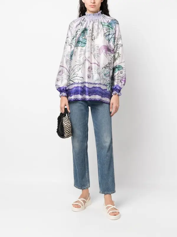 F.R.S FOR RESTLESS SLEEPERS Shirred-neck Floral Print Blouse