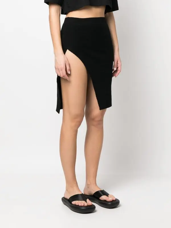 LANEUS Ribbed-knit Asymmetric Midi Skirt - Black