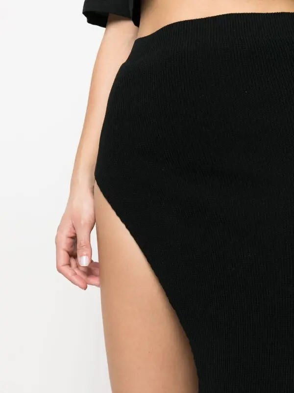 LANEUS Ribbed-knit Asymmetric Midi Skirt - Black