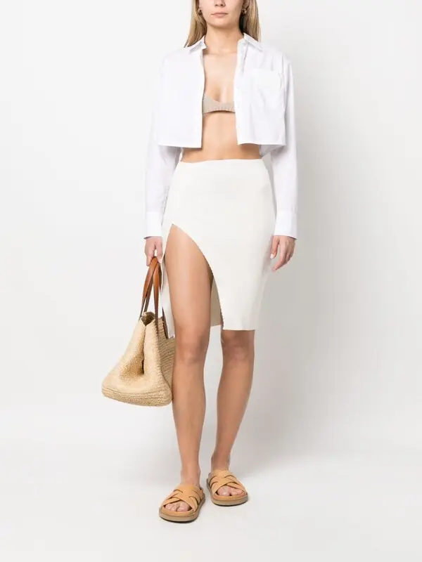 LANEUS Ribbed Knit Asymmetric Midi Skirt - White