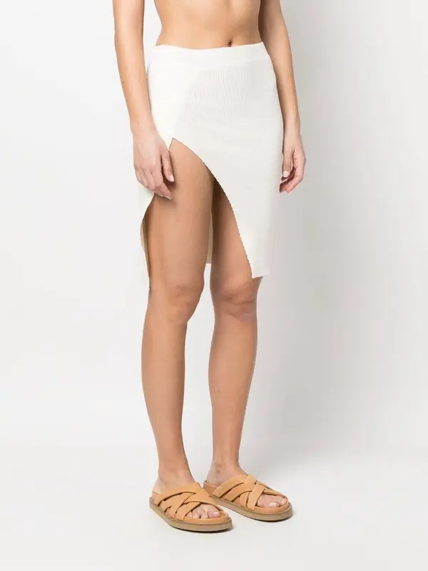 LANEUS Ribbed Knit Asymmetric Midi Skirt - White