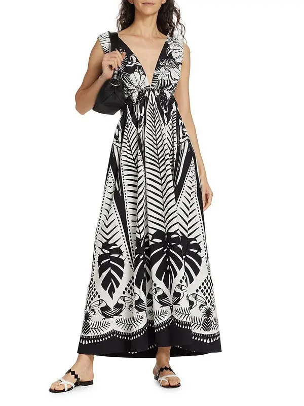 Farm Rio Macaw Elegance Cotton Maxi Dress In Macaw Elegance Black - 63% Off 