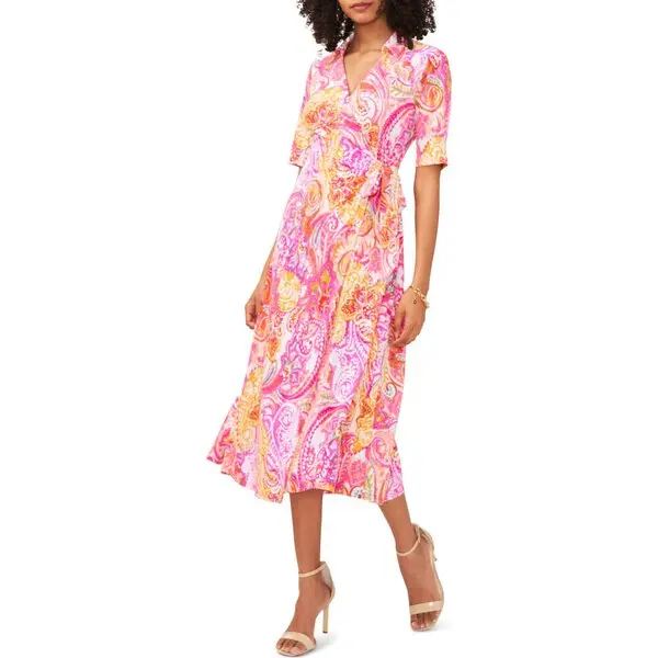 Chaus Printed Faux-wrap Midi Dress - White/fuchsia/mustard