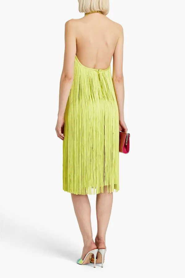 Herve Leger Open-Back Fringed Bandage Halterneck Dress In Chartreuse - 85%  Off | Editorialist