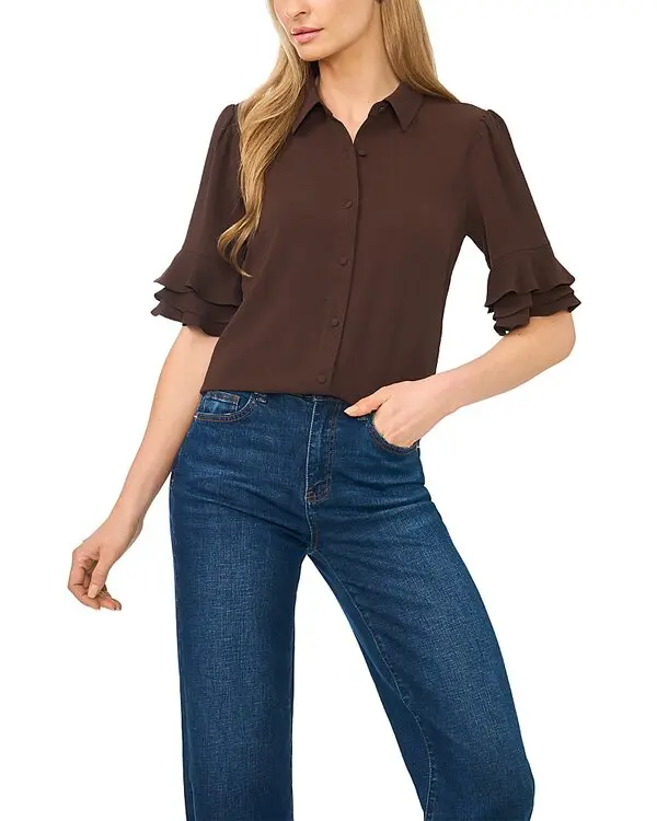CECE DUPRAZ Ruffled Button Up Blouse - Coffee Bean