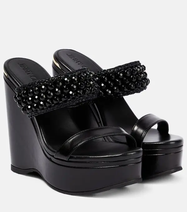 JIMMY CHOO Amoure Wedge 130 Leather Sandals - Black