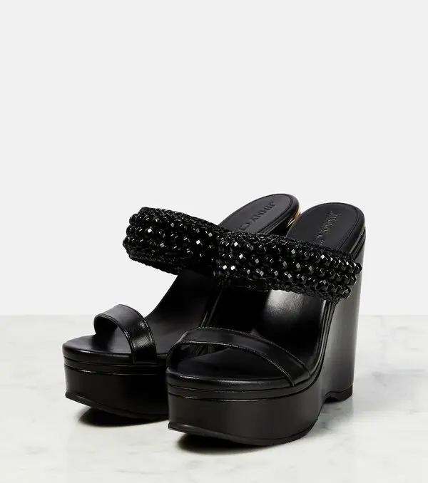 JIMMY CHOO Amoure Wedge 130 Leather Sandals - Black