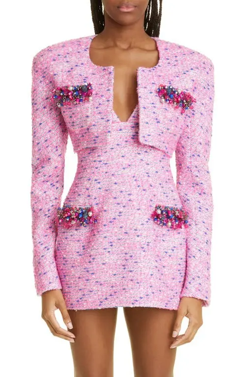 AREA Grape Embellished Cropped Bouclé Tweed Jacket - Fuchsia Multi