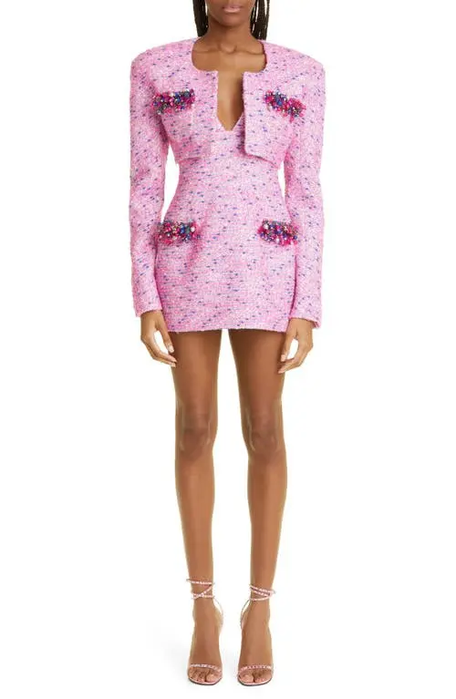 AREA Grape Embellished Cropped Bouclé Tweed Jacket