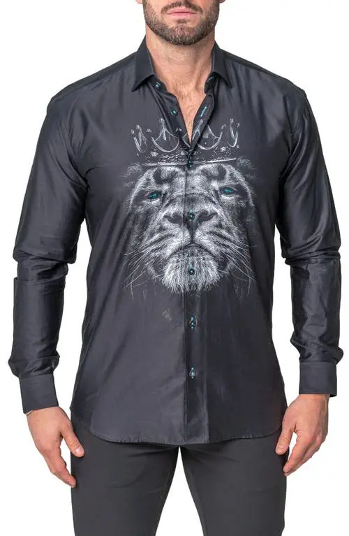 MACEOO Fibonacci Lion Crown Regular Fit Cotton Blend Button-up Shirt - Black
