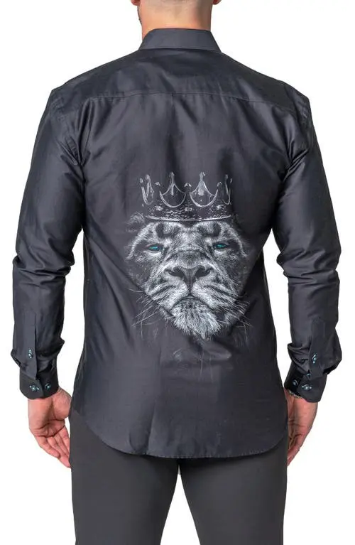 MACEOO Fibonacci Lion Crown Regular Fit Cotton Blend Button-up Shirt - Black