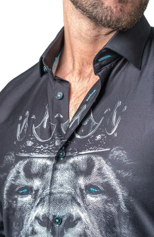 MACEOO Fibonacci Lion Crown Regular Fit Cotton Blend Button-up Shirt - Black