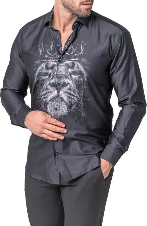 MACEOO Fibonacci Lion Crown Regular Fit Cotton Blend Button-up Shirt - Black