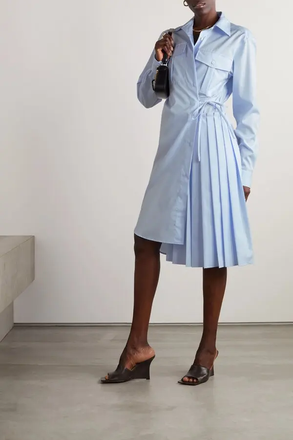 Dries Van Noten Asymmetric Pleated Cotton-Poplin Wrap Shirt Dress