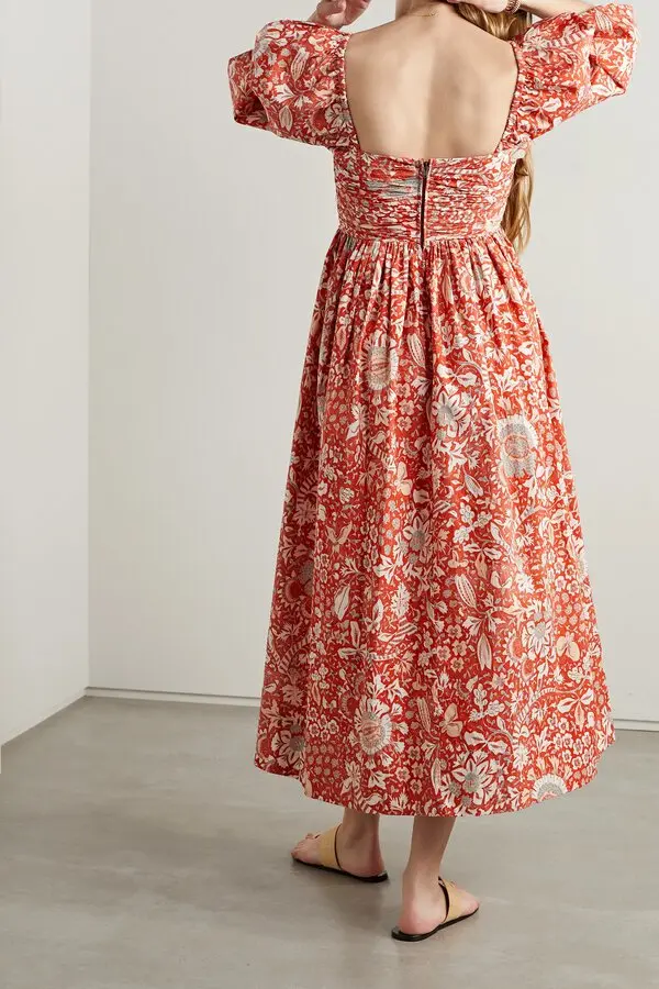 Ulla Johnson Alessa Cutout Ruched Floral-Print Cotton-Poplin Midi Dress In  Orange - 60% Off | Editorialist