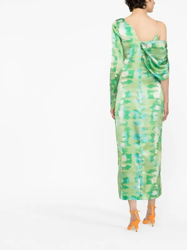 GANNI Long Sleeve Silk Stretch Satin Maxi Dress in Lily Green | Women's Size 6