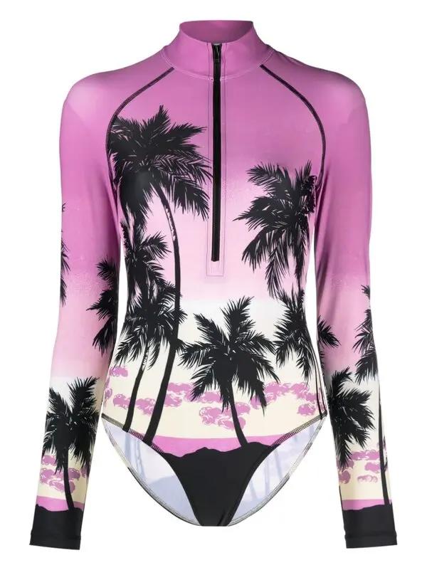 Palm Angels Sunset-print Long-sleeved Swimsuit - Purple