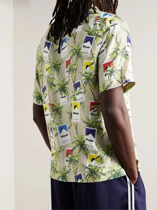 Rhude Camp-collar Printed Silk-twill Shirt - Green