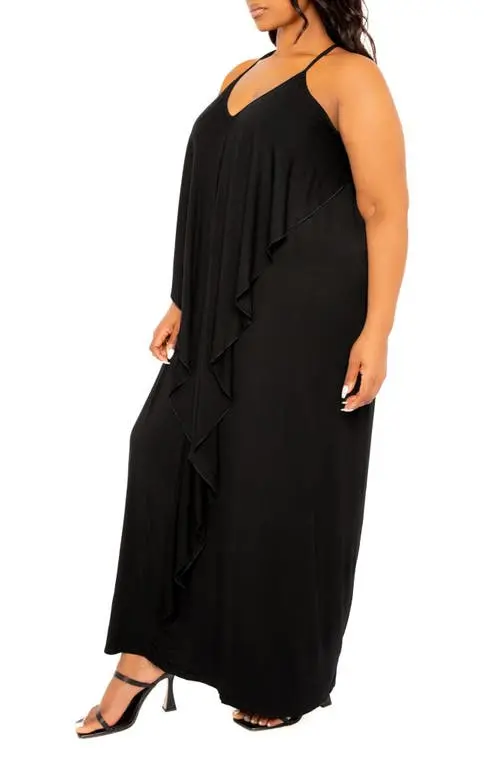 BUXOM COUTURE Cascade Ruffle Racerback Maxi Dress - Black