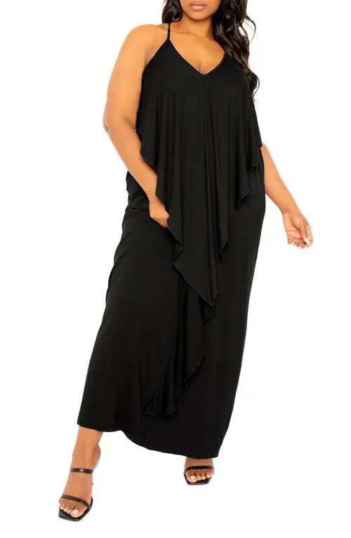 BUXOM COUTURE Cascade Ruffle Racerback Maxi Dress - Black