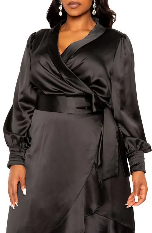 knee length dresses for ladies Black Satin Long Sleeve Wrap Top Ruched Mini Dress – AX Paris US main image 1