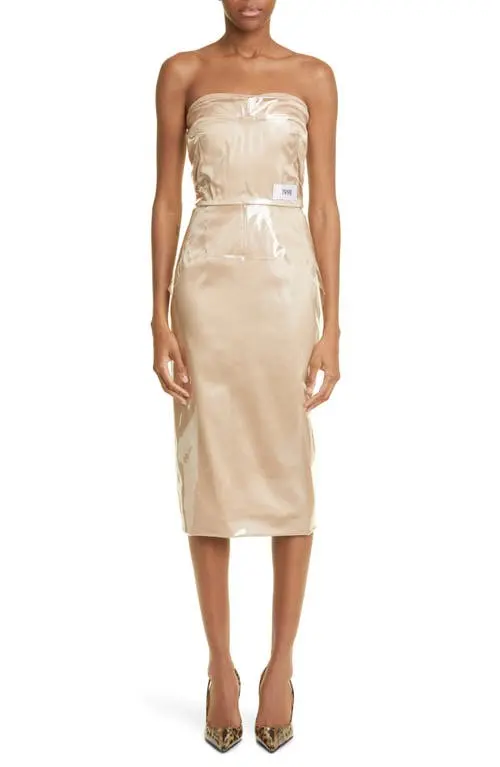 Dolce & Gabbana Ruched Pvc Overlay Satin Midi Dress - Beige