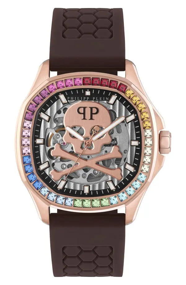 Philipp Plein Skeleton Spectre Silicone Strap Watch - Ip Rose Gold