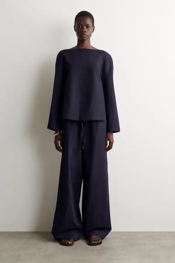 Cos Wide-leg Linen Drawstring Pants - Navy
