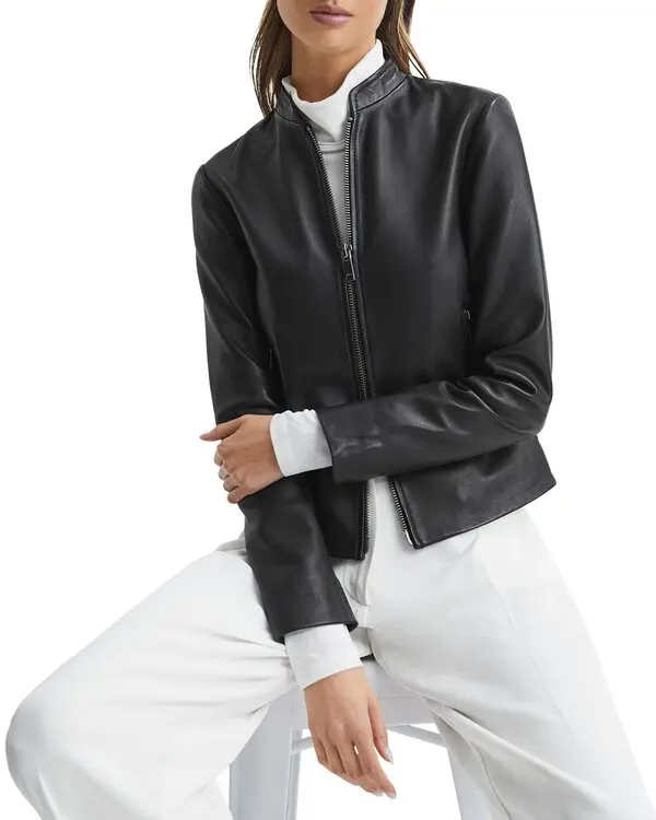 REISS Allie Leather Biker Jacket - Black