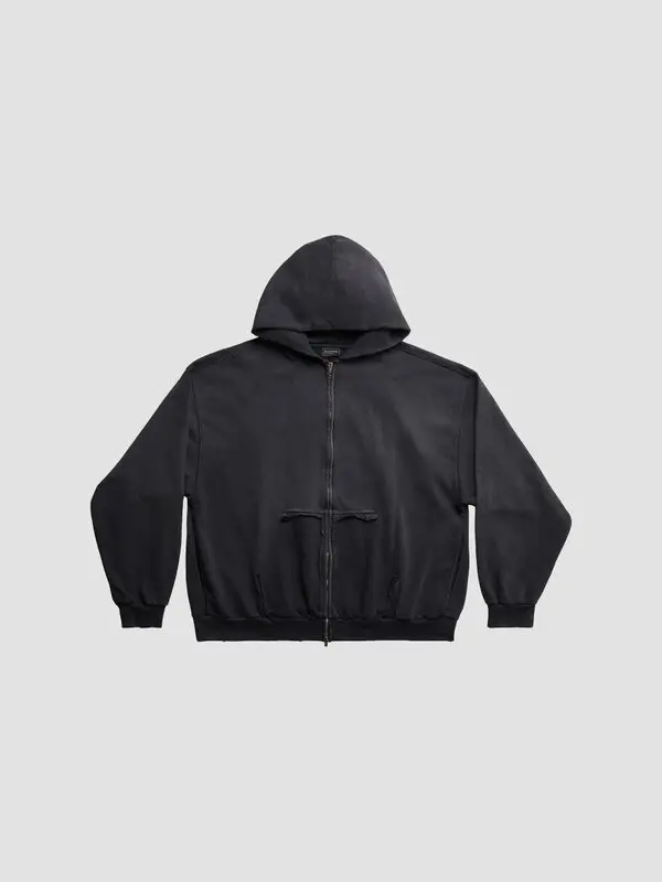 Balenciaga Tape Type Ripped Pocket Zip-up Hoodie - Black Faded