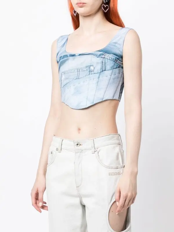 Natasha Zinko Denim-print Corset Top - Blue