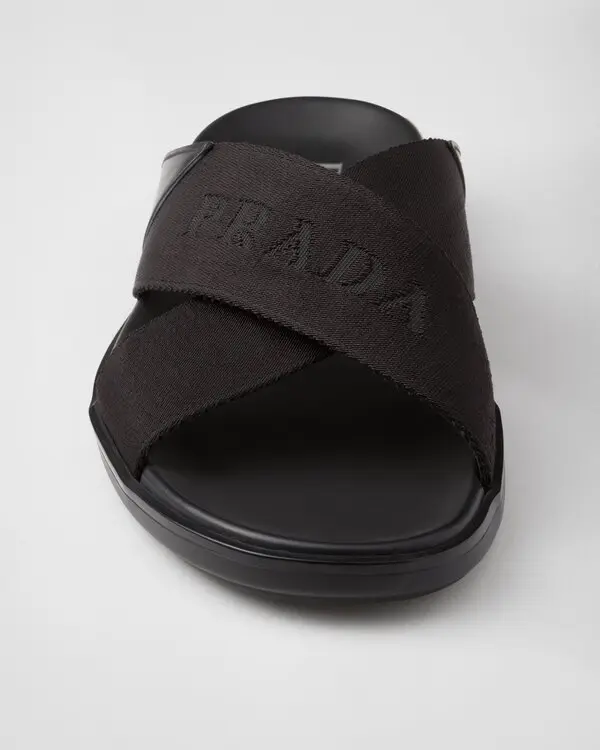 Prada Brushed Leather And Re-Nylon Tape Crisscross Slides  display picture 1