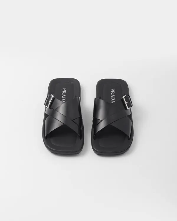 Prada Brushed Leather Slides - Black | Editorialist