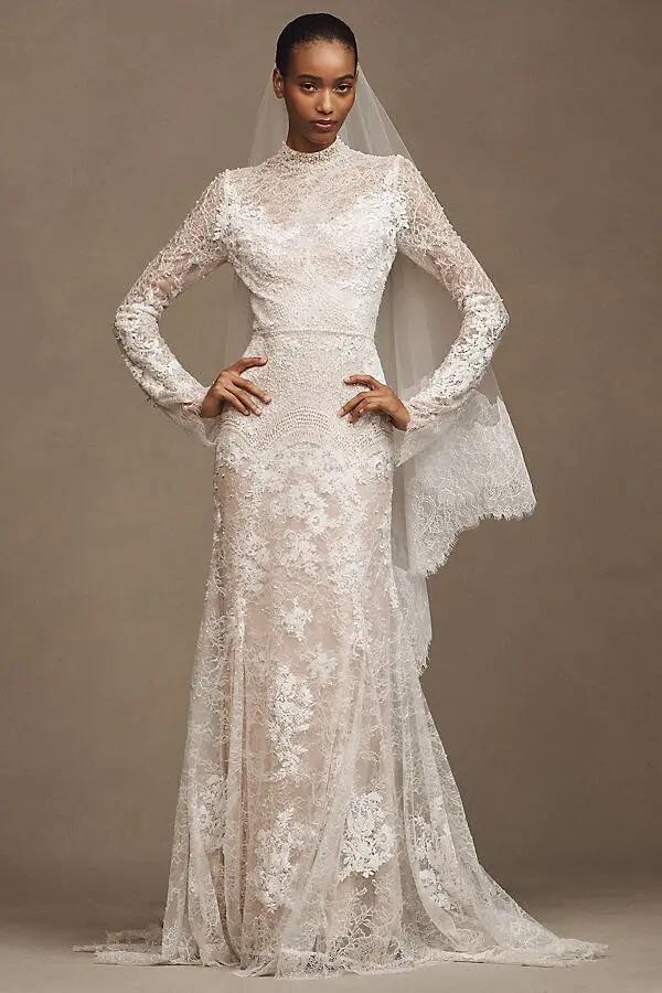 Watters Frances High-neck Lace Sheath Wedding Gown - Ivory/blush