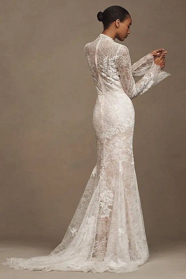 Watters Frances High-neck Lace Sheath Wedding Gown
