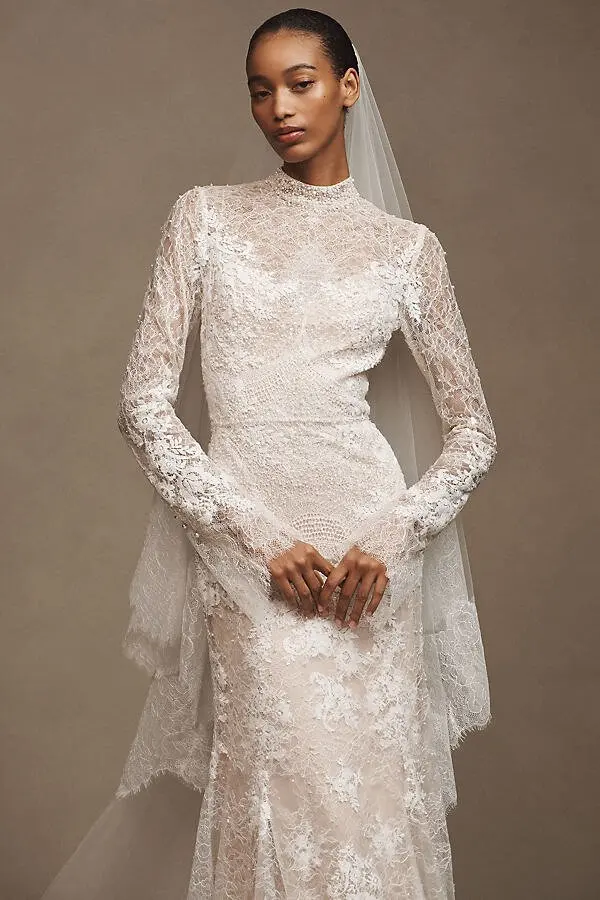 Watters Frances High-neck Lace Sheath Wedding Gown
