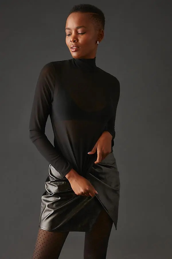 Anthropologie Mesh Turtleneck Top - Black Onyx
