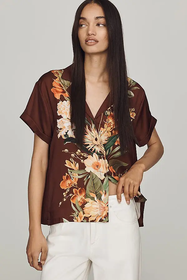 Anthropologie Brenna Short-sleeve Buttondown Shirt - Brown Floral